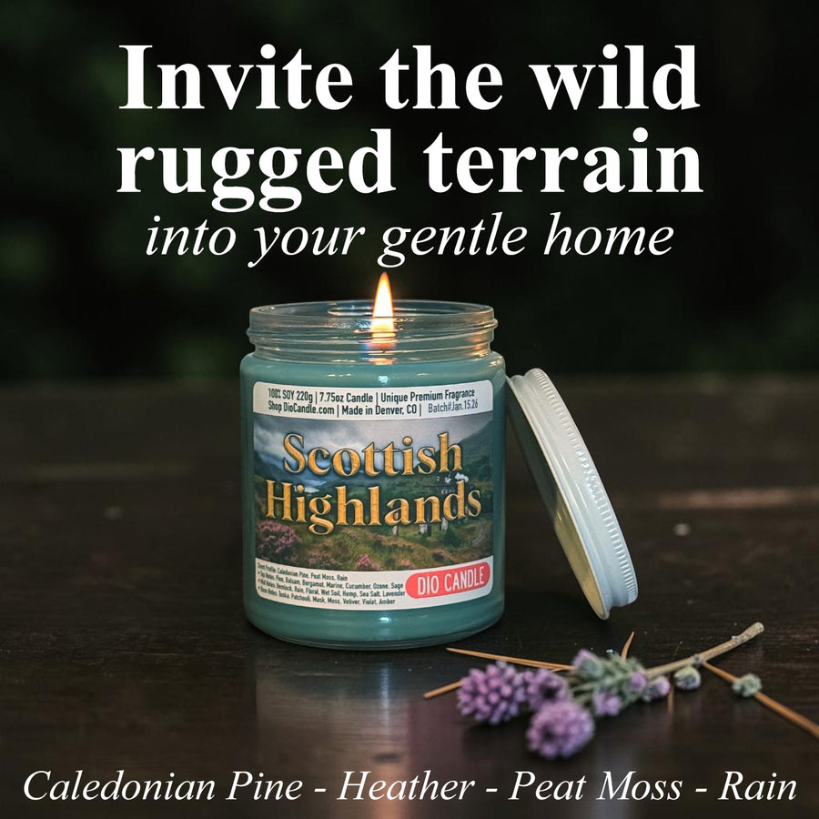 Scottish Highlands Candle | Caledonian Pine - Peat - Rain Scented - Dio ...